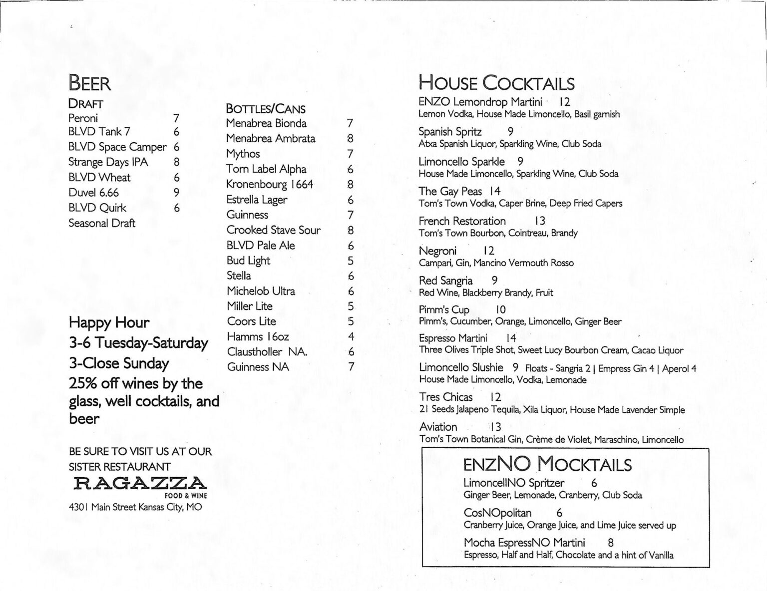 Enzo Menus - Enzo Bistro & Wine Bar